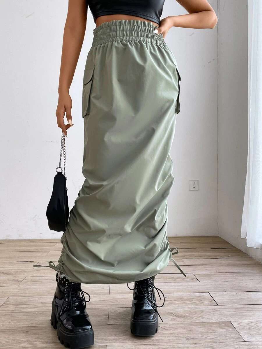 SHEIN EZwear Drawstring Side Flap Pockets Paper Bag Waist Cargo Skirt ...
