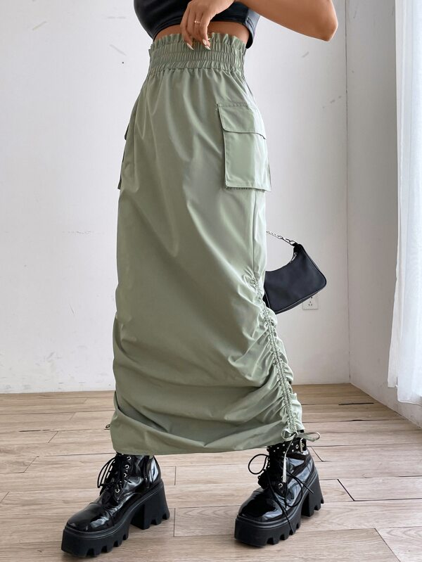 SHEIN Coolane Drawstring Side Flap Pockets Paper Bag Waist Cargo Skirt ...