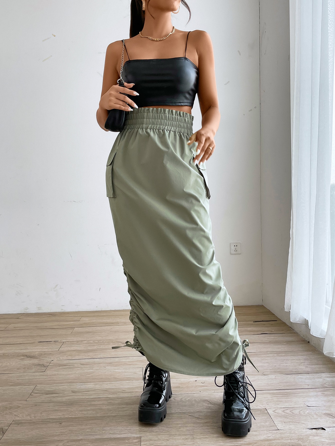 SHEIN Coolane Drawstring Side Flap Pockets Paper Bag Waist Cargo Skirt ...