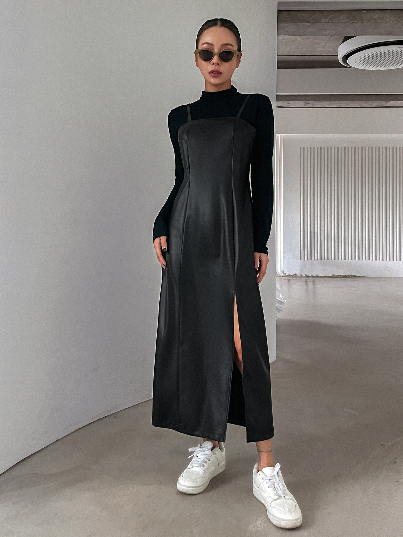 DAZY Vestido de tirantes de muslo con abertura PU sin cinturón | Moda ...