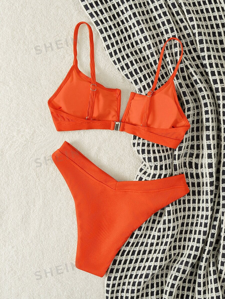 Shein Swim Vcay Bañador Bikini Unicolor De Canalé Corte V Moda De
