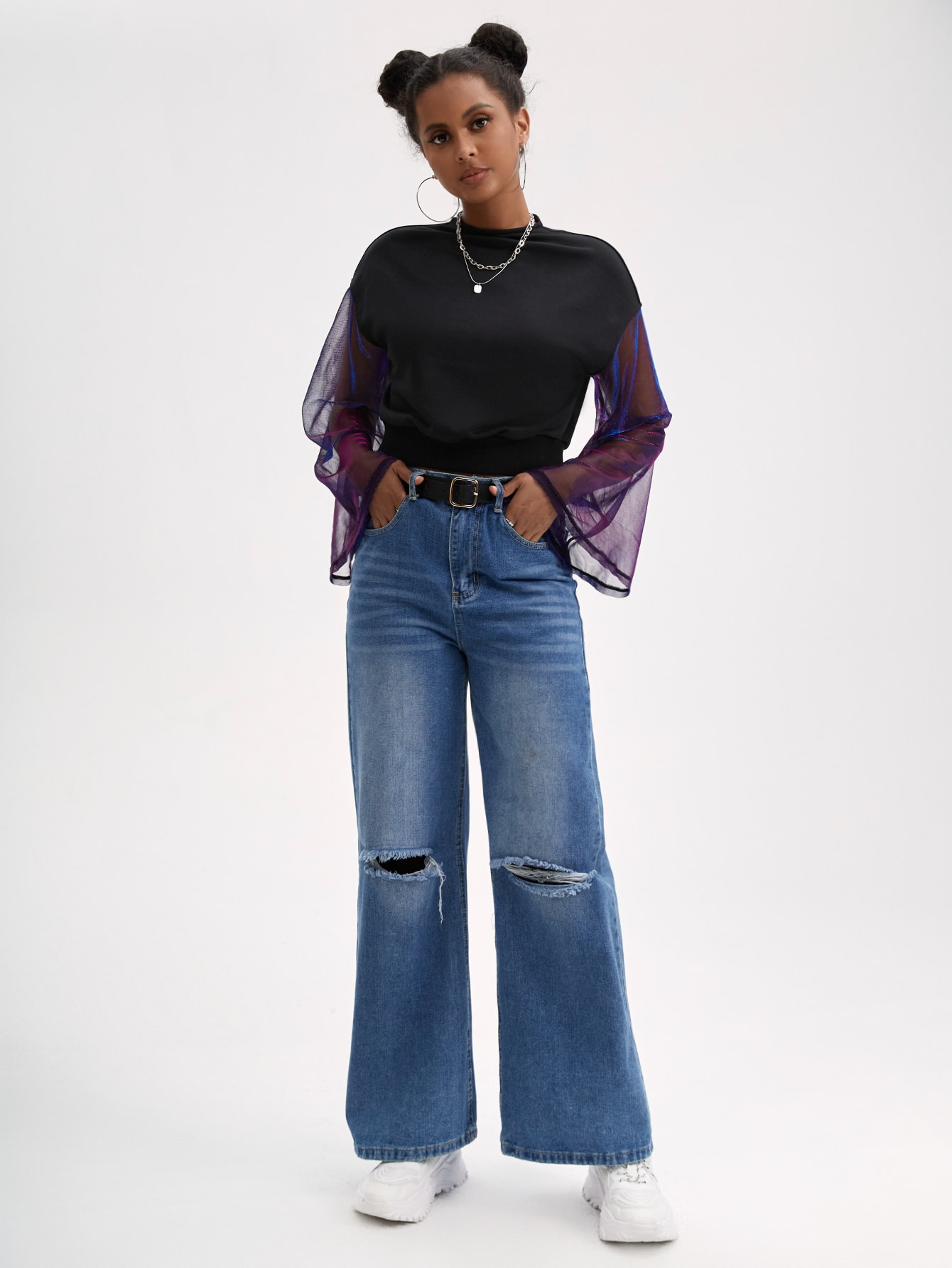 DESIGNED BY TONY Mock Neck Mesh Sleeve Crop Top | SHEIN USA