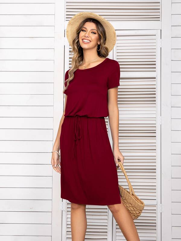 Dearcase Solid Drawstring Waist Slit Hem Dress | Shein Usa