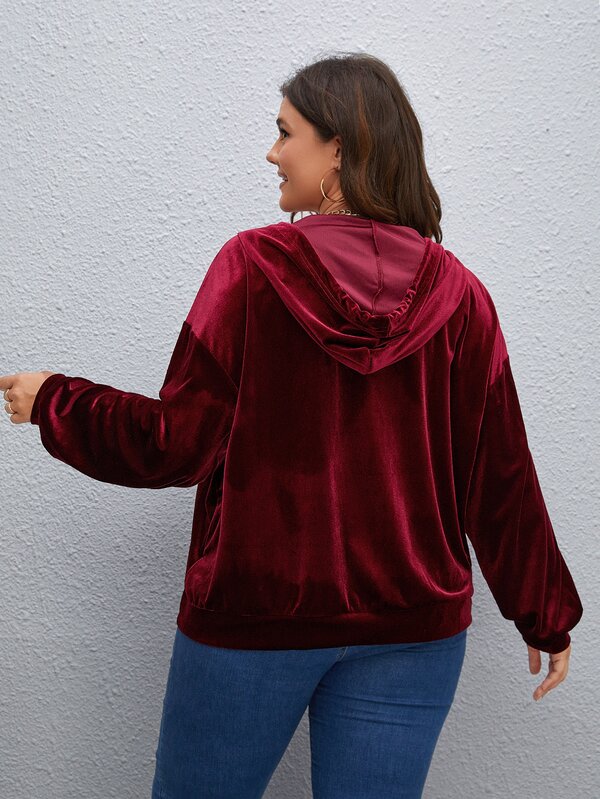 SHEIN LUNE Plus Zip Up Drop Shoulder Hooded Velvet Jacket | SHEIN USA