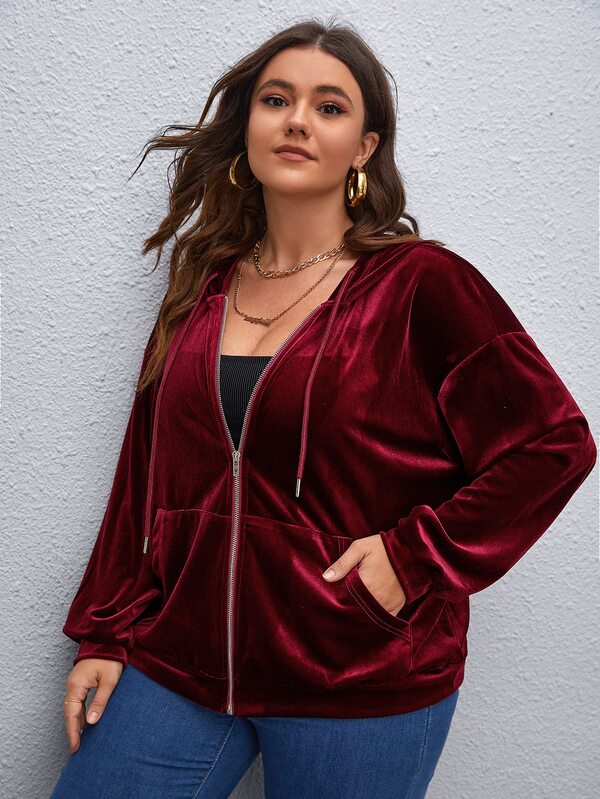 SHEIN LUNE Plus Zip Up Drop Shoulder Hooded Velvet Jacket | SHEIN USA