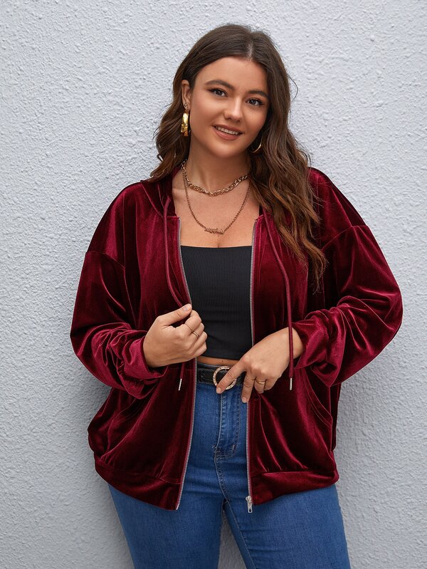 SHEIN LUNE Plus Zip Up Drop Shoulder Hooded Velvet Jacket | SHEIN USA