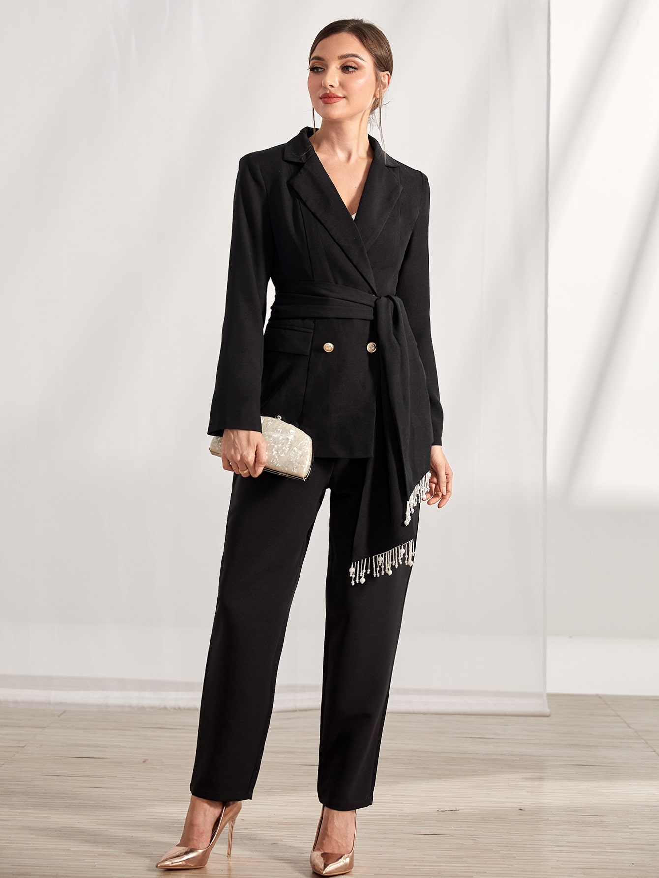Shein Modely Lapel Collar Flap Detail Belted Blazer Shein Usa