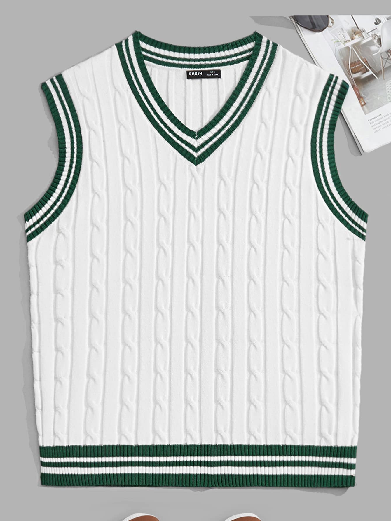 SHEIN Men Striped Trim Cable Knit Sweater Vest
