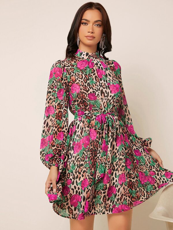 SHEIN Privé Floral & Leopard Print Lantern Sleeve Belted Dress | SHEIN USA