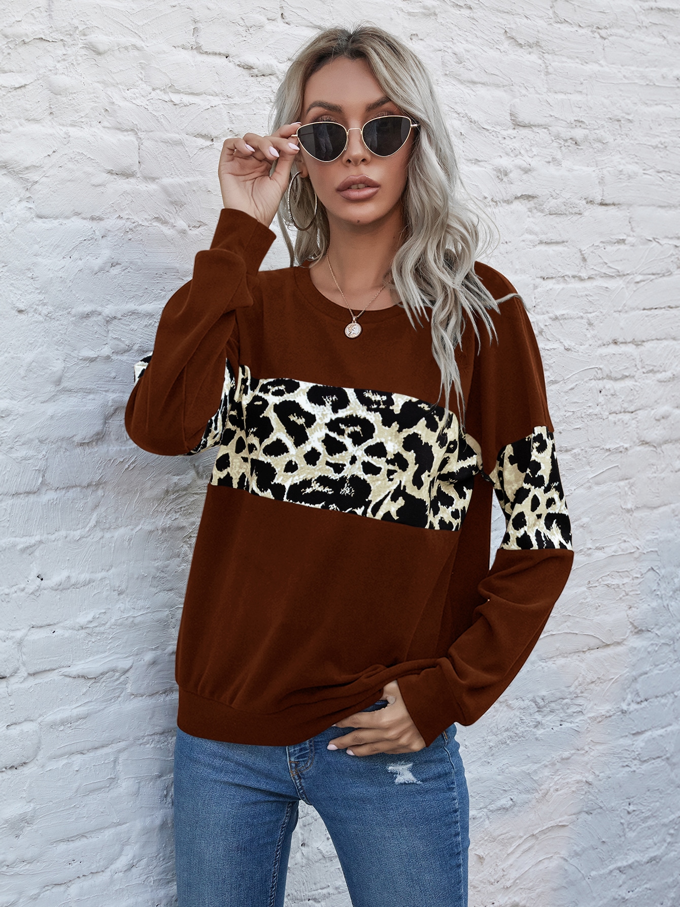 Shein Lune Leopard Print Colorblock Drop Shoulder Sweatshirt Shein Usa
