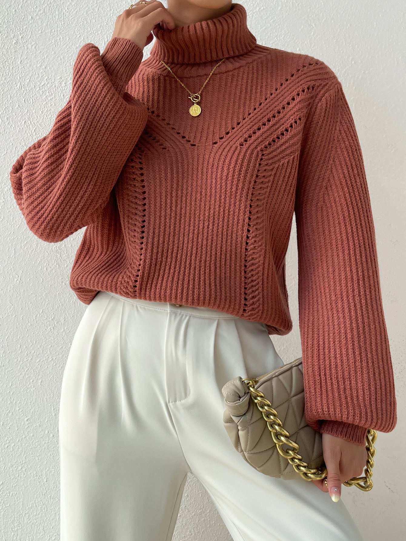 SHEIN Essnce Turtle Neck Pointelle Knit Sweater | SHEIN USA