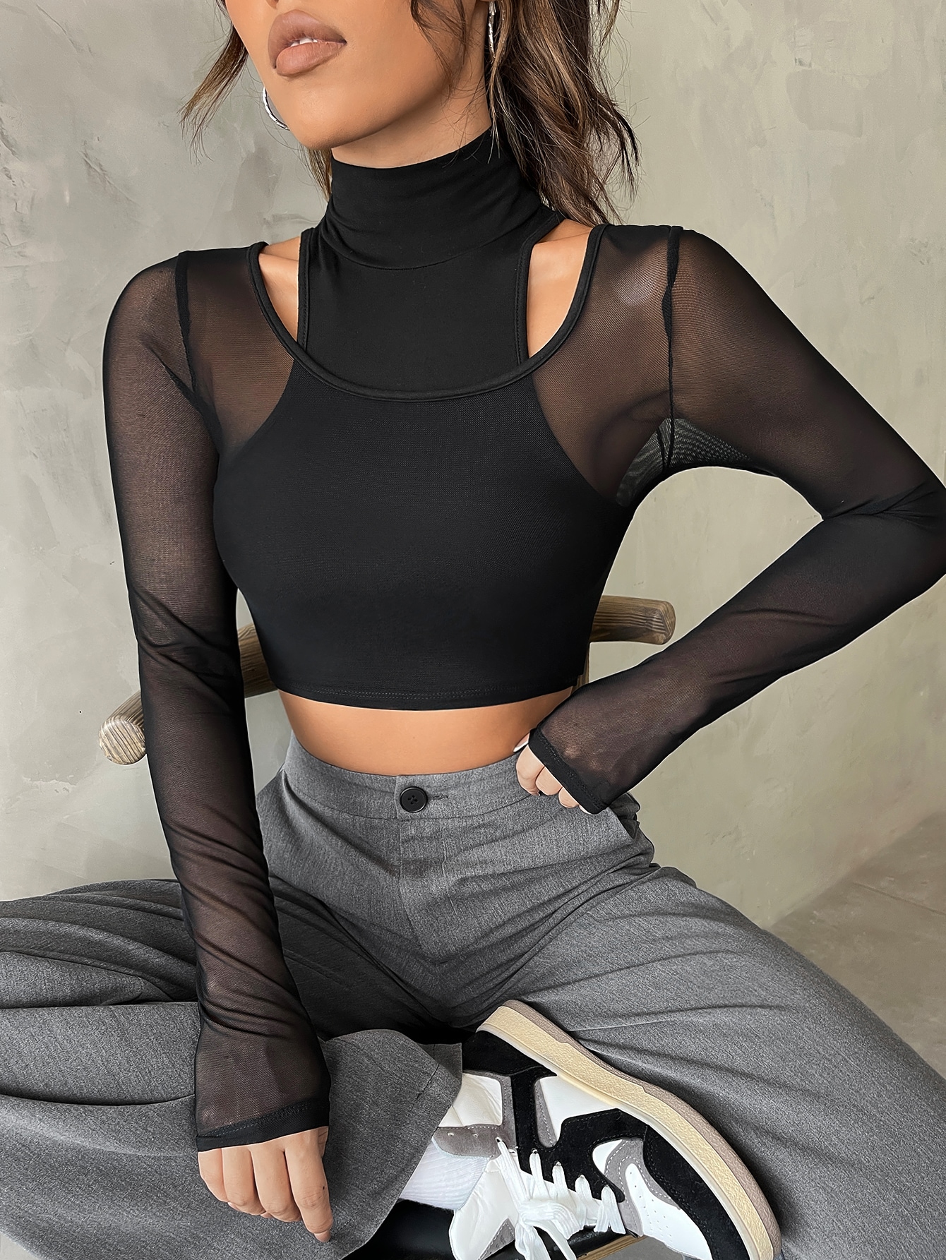 SHEIN Coolane High Neck Cut Out Mesh Top | SHEIN USA