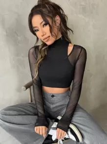 SHEIN ICON High Neck Cut Out Mesh Top | SHEIN USA