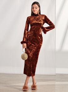 Modelyn Mock Neck Fuzzy Trim Sleeve Velvet Dress | SHEIN USA