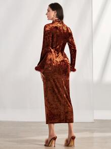 Modelyn Mock Neck Fuzzy Trim Sleeve Velvet Dress | SHEIN USA