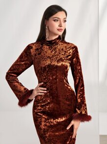 Modelyn Mock Neck Fuzzy Trim Sleeve Velvet Dress | SHEIN USA