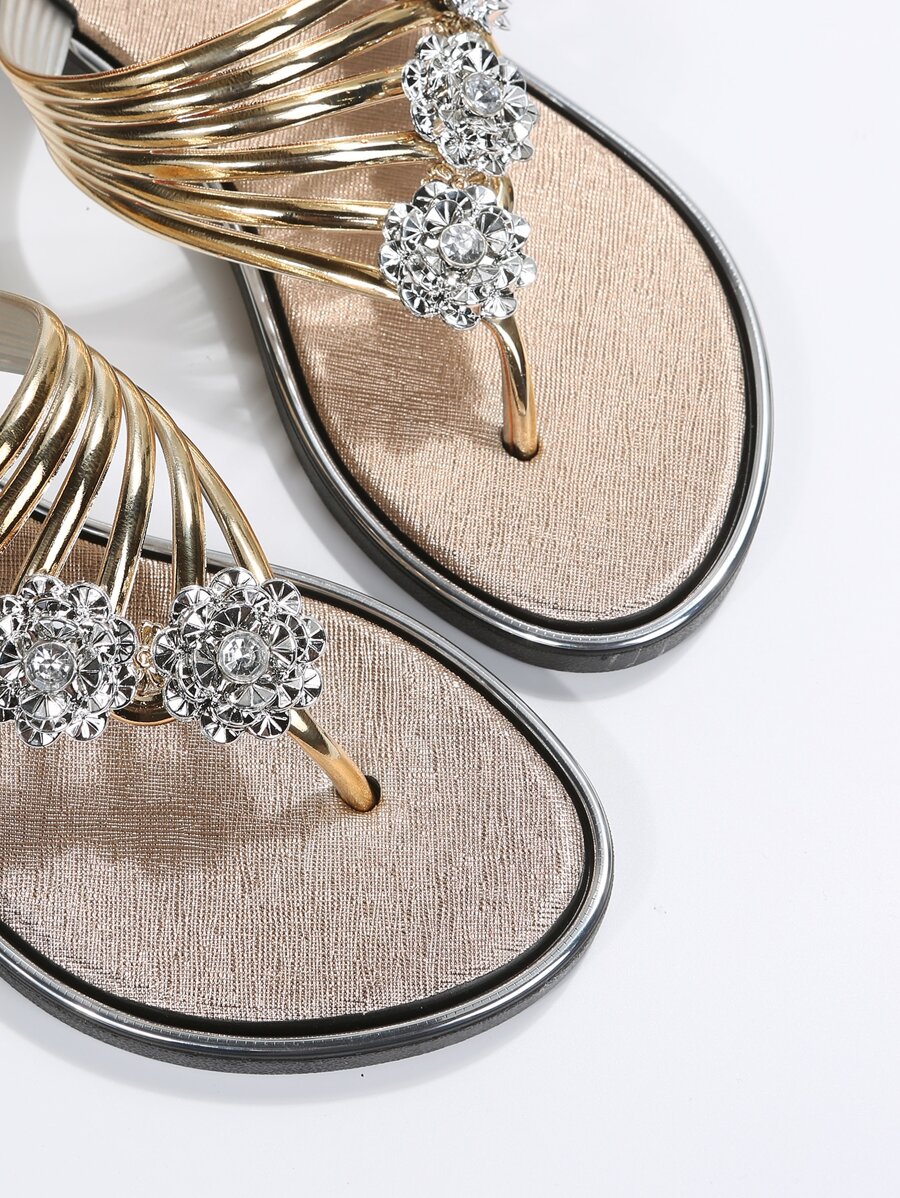 Women Gold Metallic Rhinestone & Flower Decor Thong Sandals | SHEIN USA