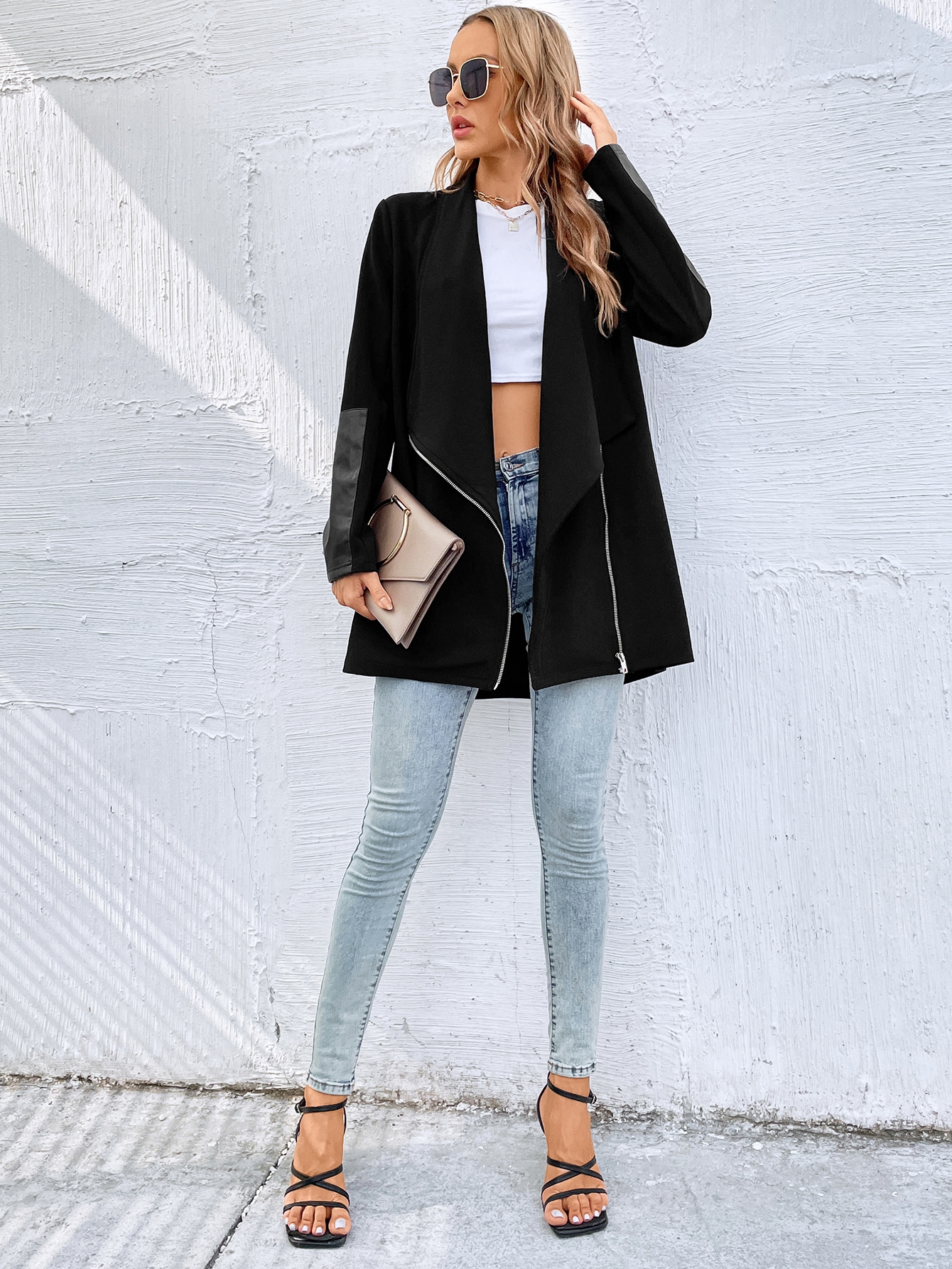 SHEIN LUNE Waterfall Collar Open Front Coat | SHEIN UK