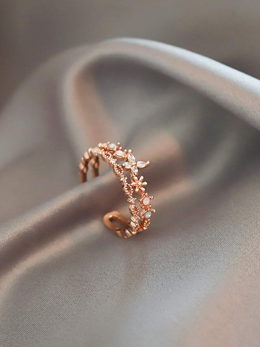 Flower & Cubic Zirconia Decor Cuff Ring | SHEIN UK