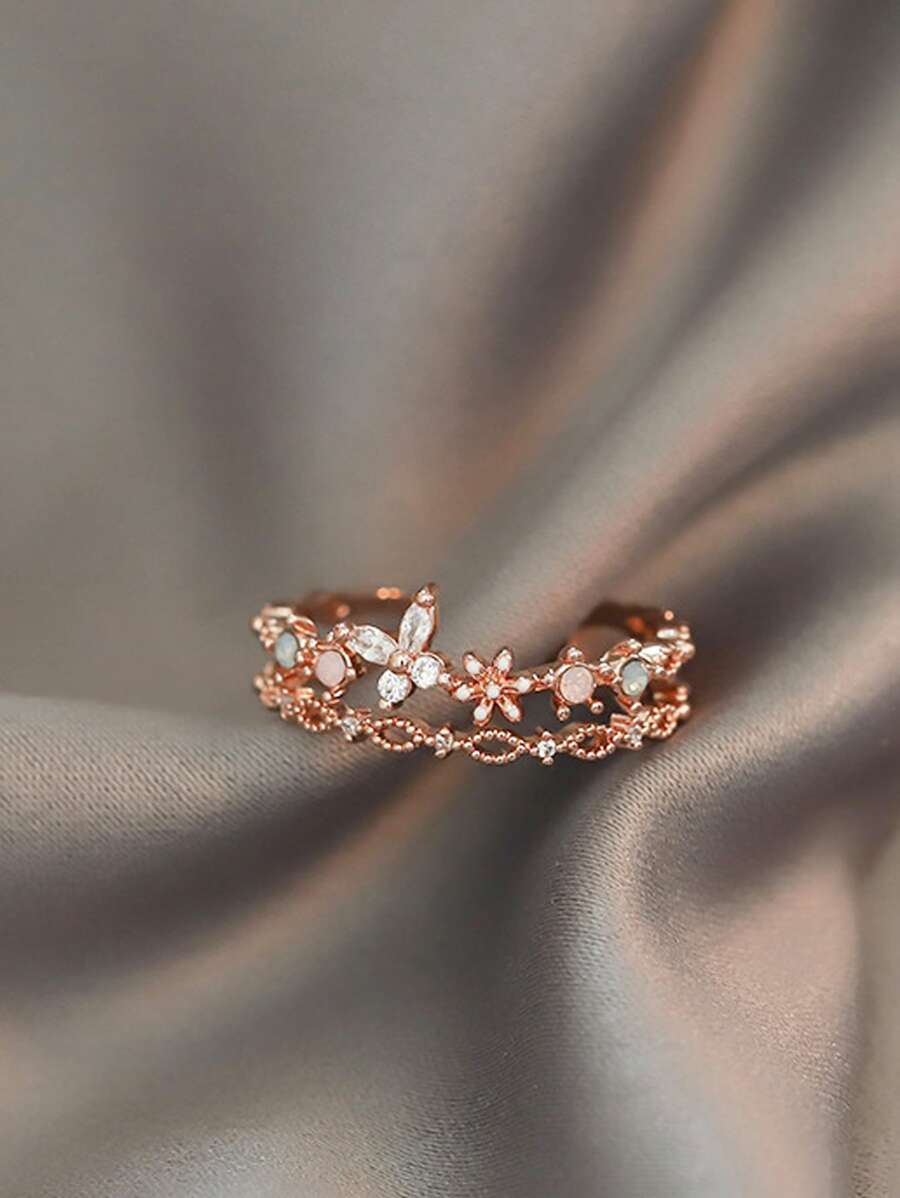 Flower & Cubic Zirconia Decor Cuff Ring | SHEIN UK