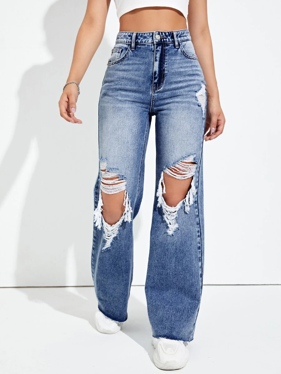 High Waist Ripped Wide Leg Jeans | SHEIN USA