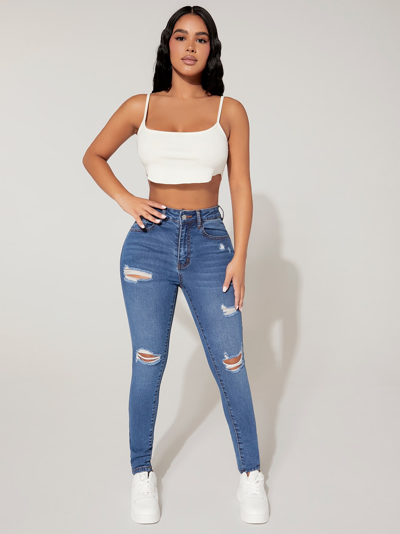 SHEIN PETITE Ripped Frayed Skinny Jeans | SHEIN USA