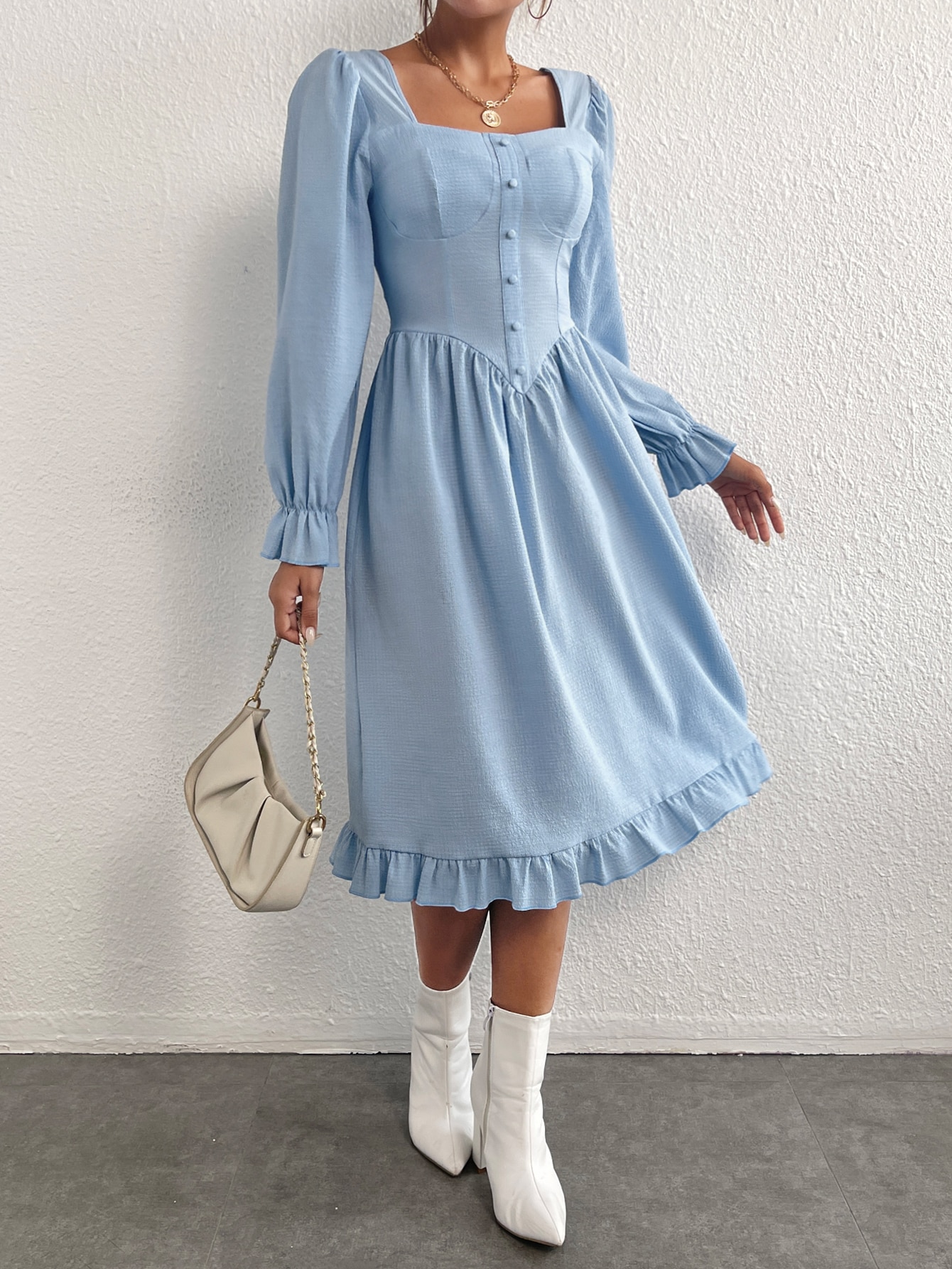 SHEIN Privé Vestidos Gola Quadrada Manga Babado Bainha com babado | SHEIN Brasil