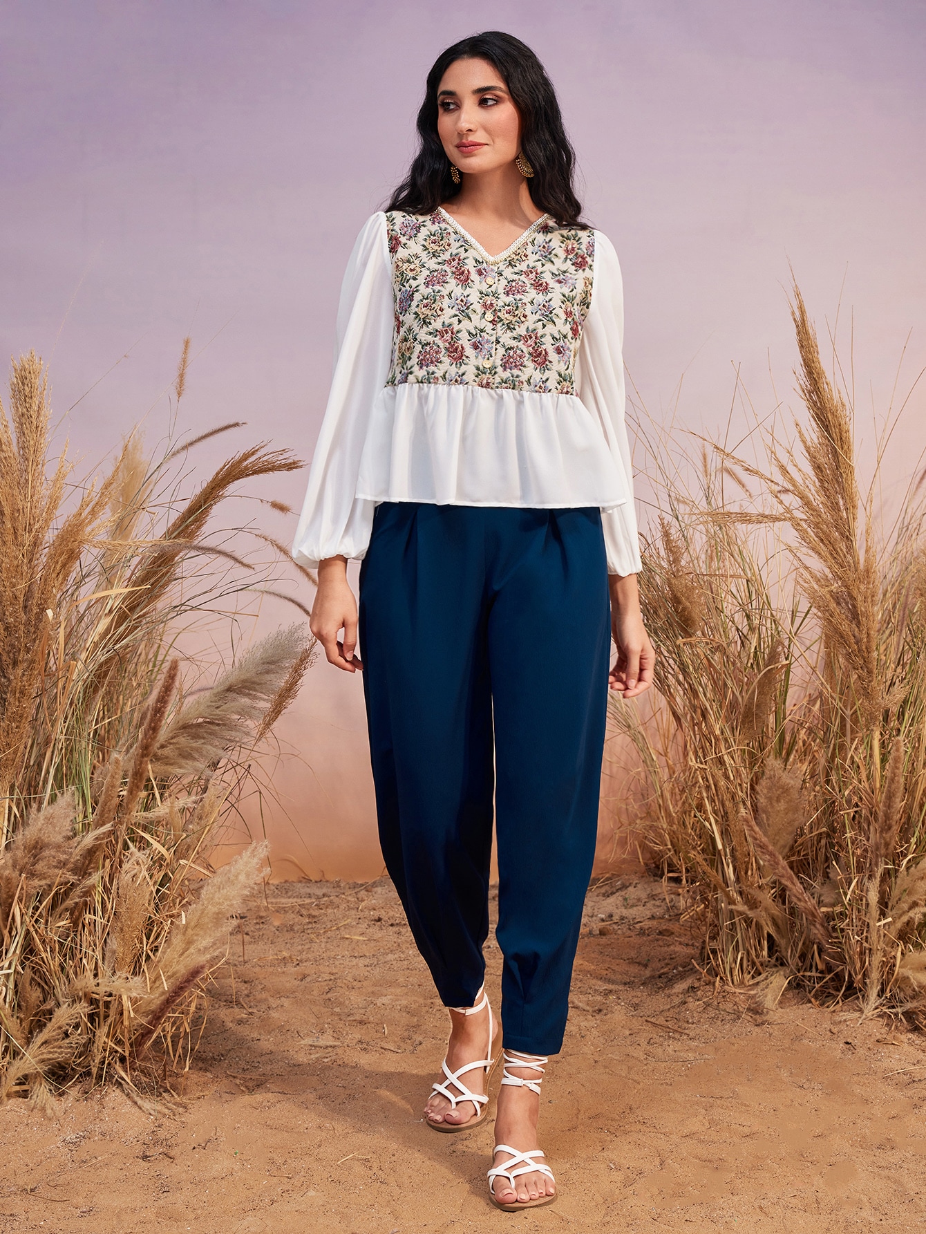 SHEIN Mulvari Top péplum manches bouffantes à imprimé floral | Mode en ...