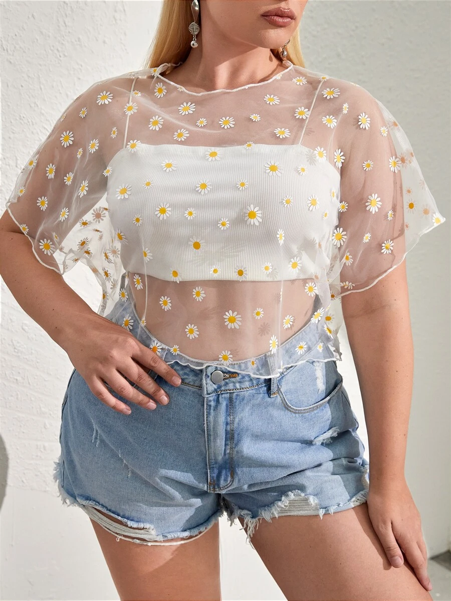 Dreamara Plus Daisy Print Sheer Top Without Bra | SHEIN USA