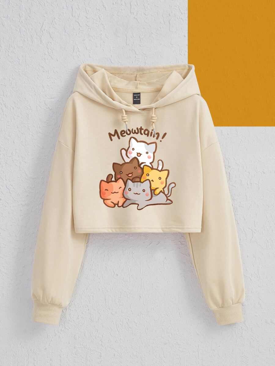 Mschibious Cartoon And Letter Graphic Drop Shoulder Drawstring Crop