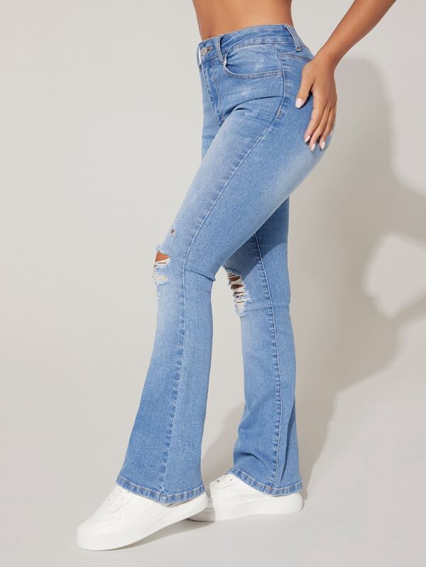 SHEIN PETITE Ripped Bootcut Leg Jeans | SHEIN USA