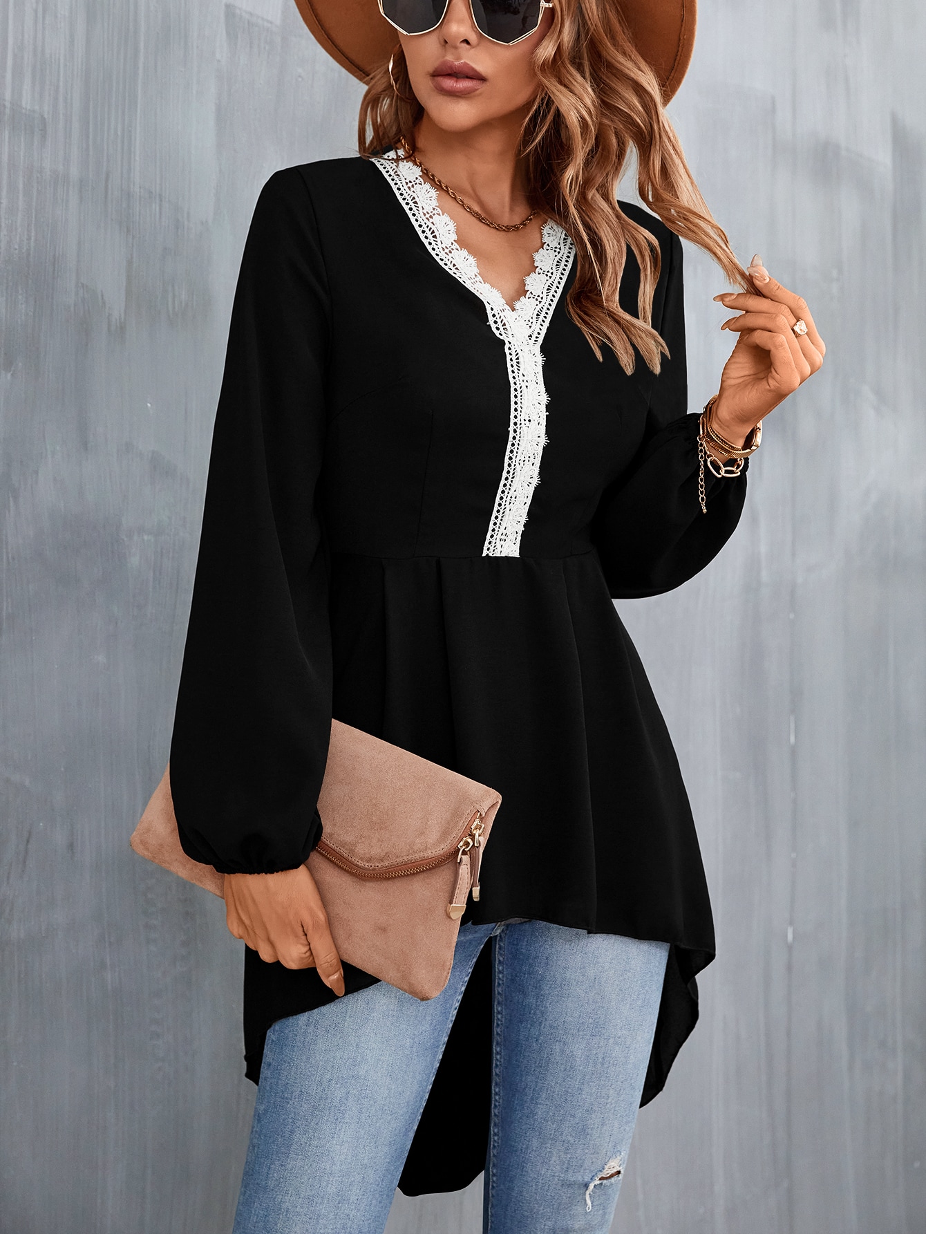 Shein Lune Guipure Lace Trim Lantern Sleeve High Low Hem Blouse Shein Uk