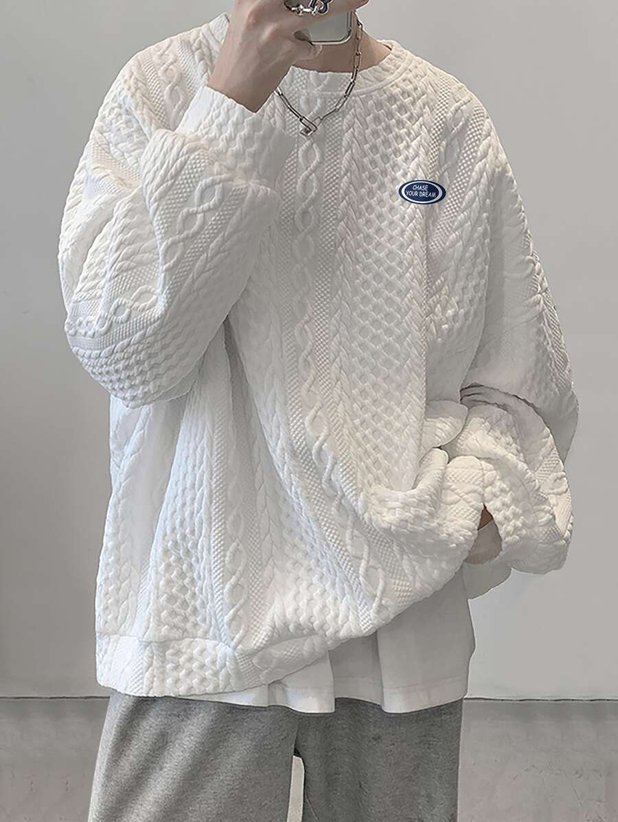 Manfinity Hypemode Loose Fit Men's Slogan Patched Cable Textured Drop Shoulder Sweatshirt ...