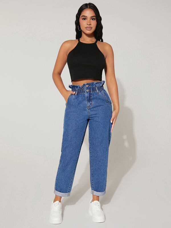 SHEIN PETITE Paper Bag Waist Mom Fit Jeans | SHEIN UK