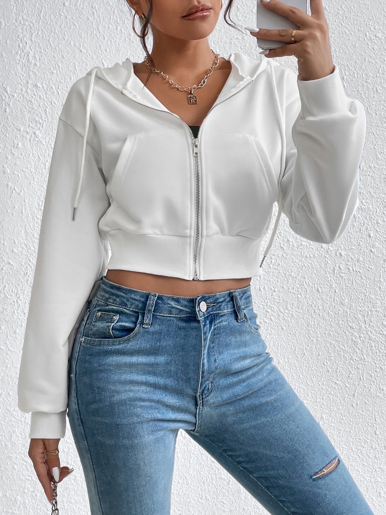 Zip Up Drop Shoulder Drawstring Crop Hoodie