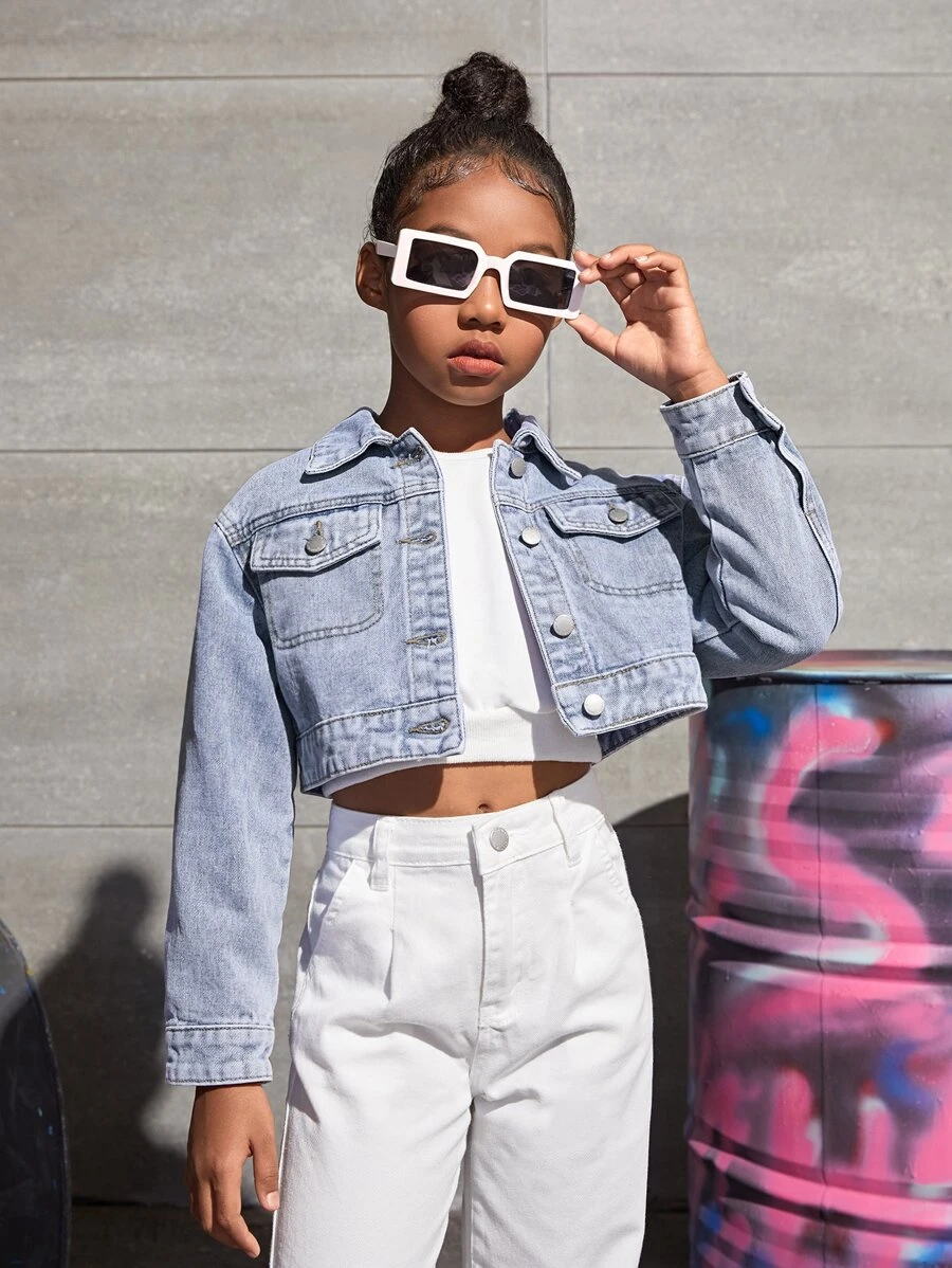 SHEIN Girls Flap Pocket Denim Jacket | SHEIN USA