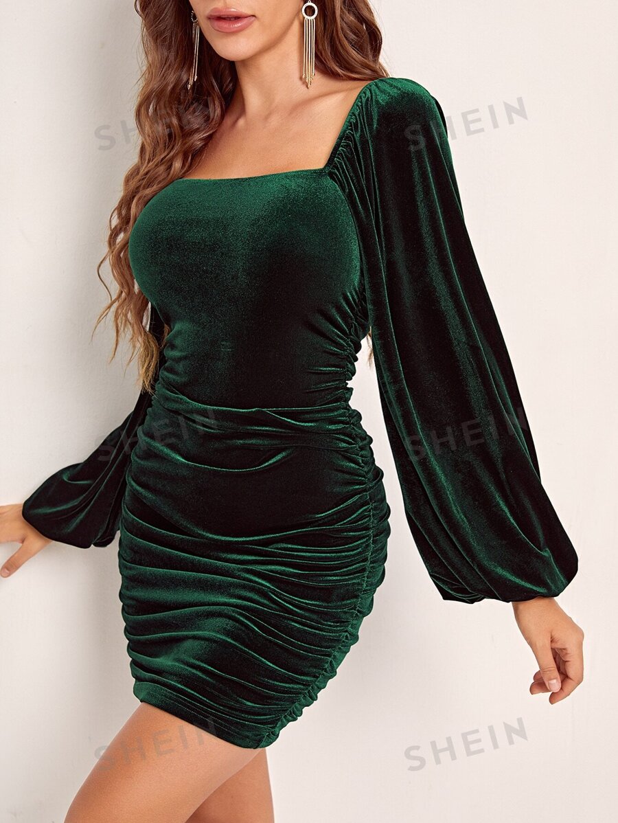 SHEIN Belle Lantern Sleeve Ruched Velvet Bodycon Dress | SHEIN USA