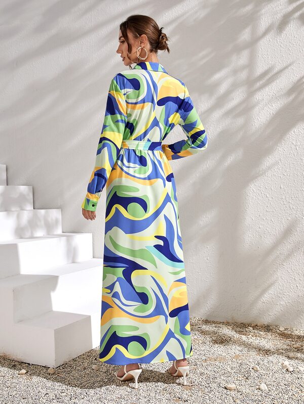 SHEIN VCAY Allover Print Belted Shirt Dress | SHEIN USA