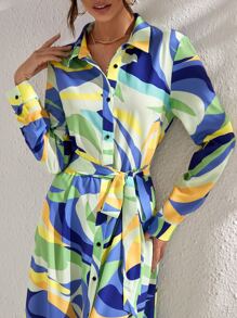 SHEIN VCAY Allover Print Belted Shirt Dress | SHEIN USA