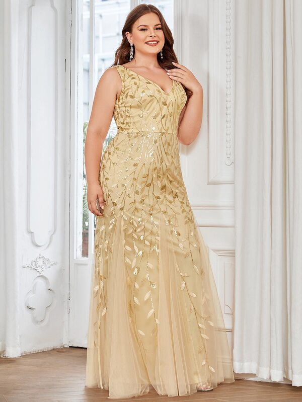 EVER-PRETTY Plus Sequin Plants Detail Mesh Prom Dress | SHEIN USA