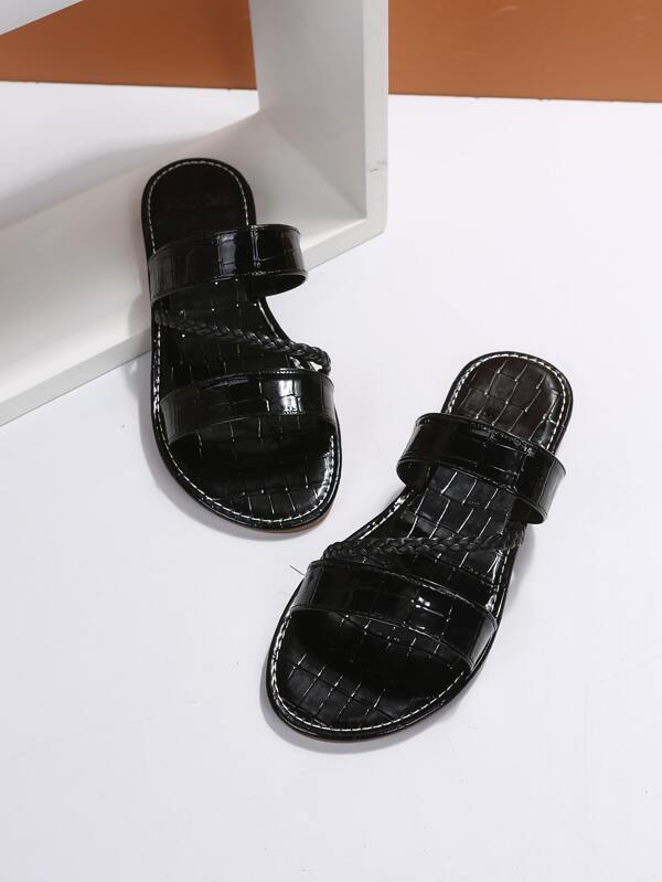 Women Vacation Crocodile Embossed Braided Detail Slide Sandals Vacation Solid Minimalist