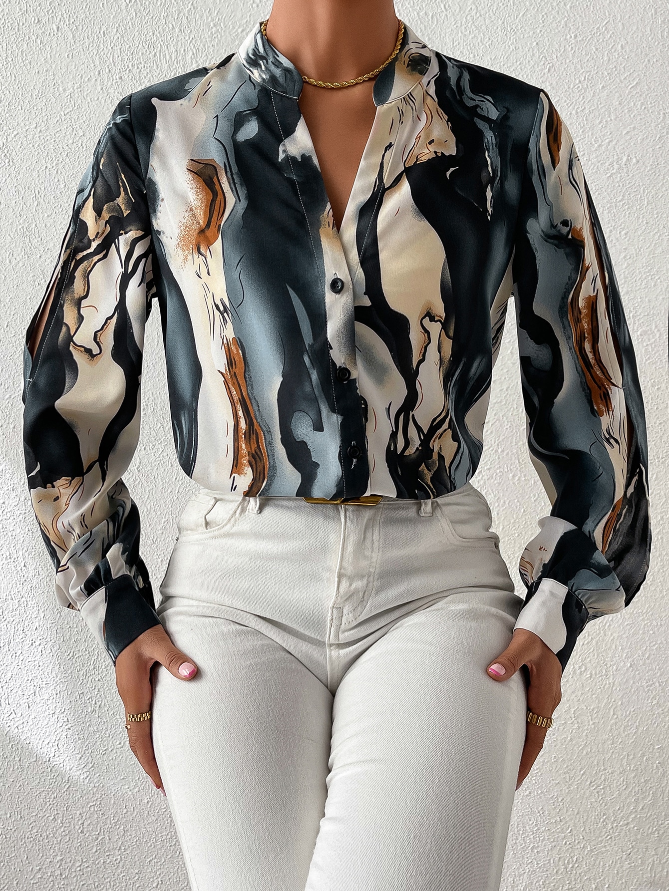 Graphic Print Notched Neckline Shirt