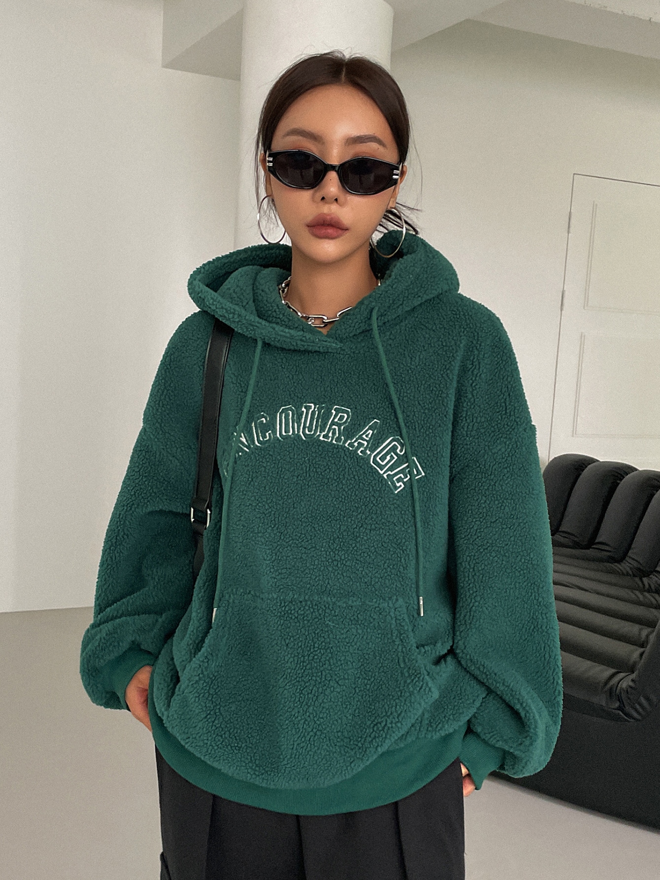 DAZY Letter Embroidery Kangaroo Pocket Drop Shoulder Drawstring Teddy ...