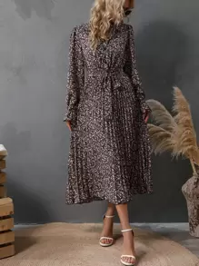 SHEIN Clasi Ditsy Floral Print Flounce Sleeve Pleated Hem Belted Dress | SHEIN USA