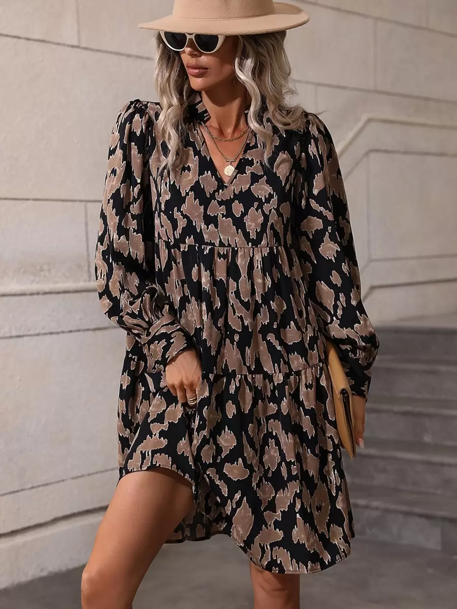 SHEIN LUNE Allover Print Lantern Sleeve Ruffle Hem Smock Dress | SHEIN USA