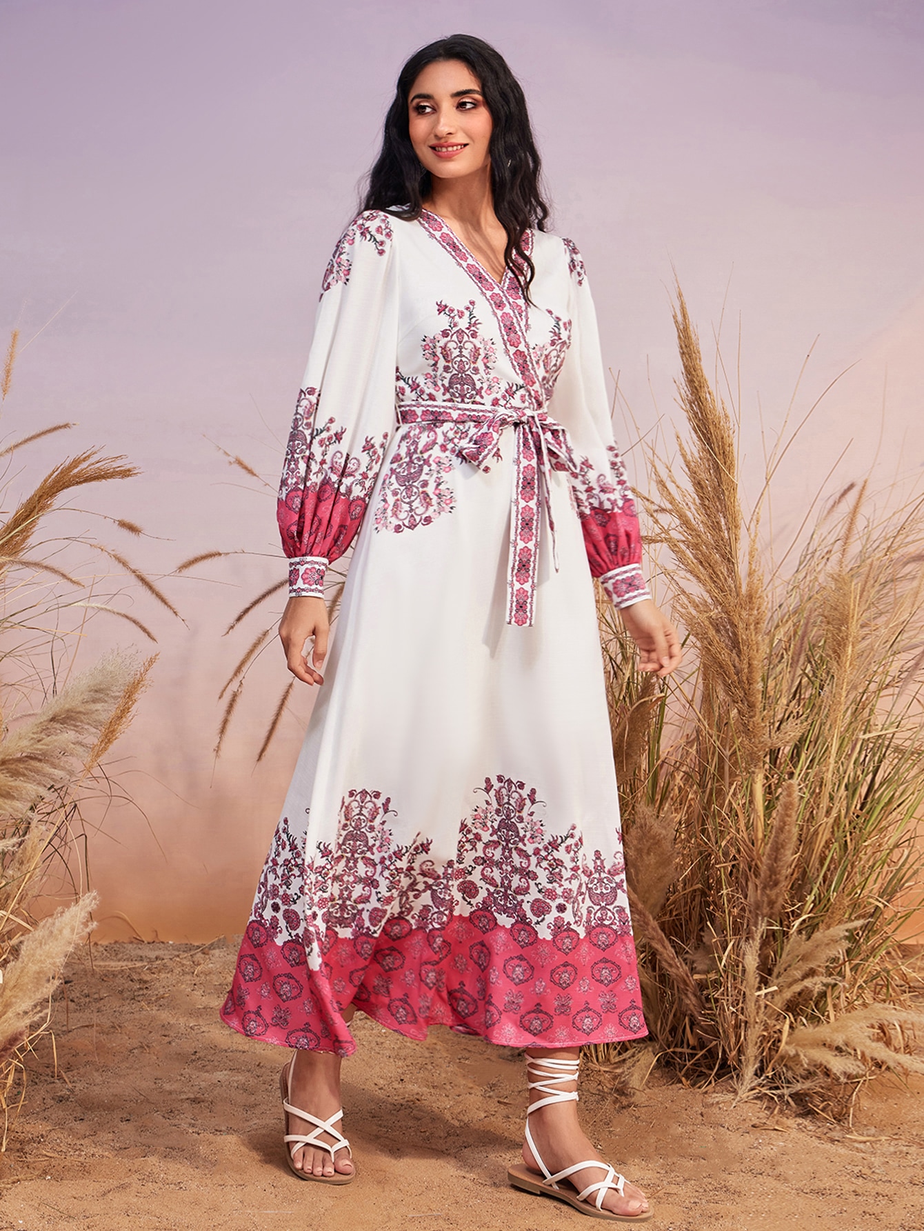 Shein Mulvari Ditsy Floral Print Lantern Sleeve Belted Dress Shein Uk