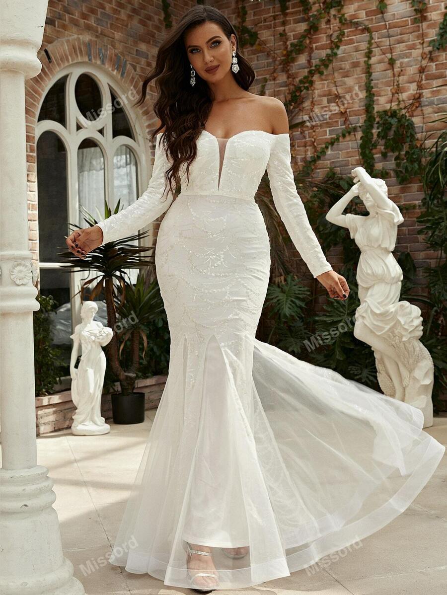 Missord Off Shoulder Mermaid Hem Sequin Prom Dress White Elegant Long Sleeve Formal Evening ...