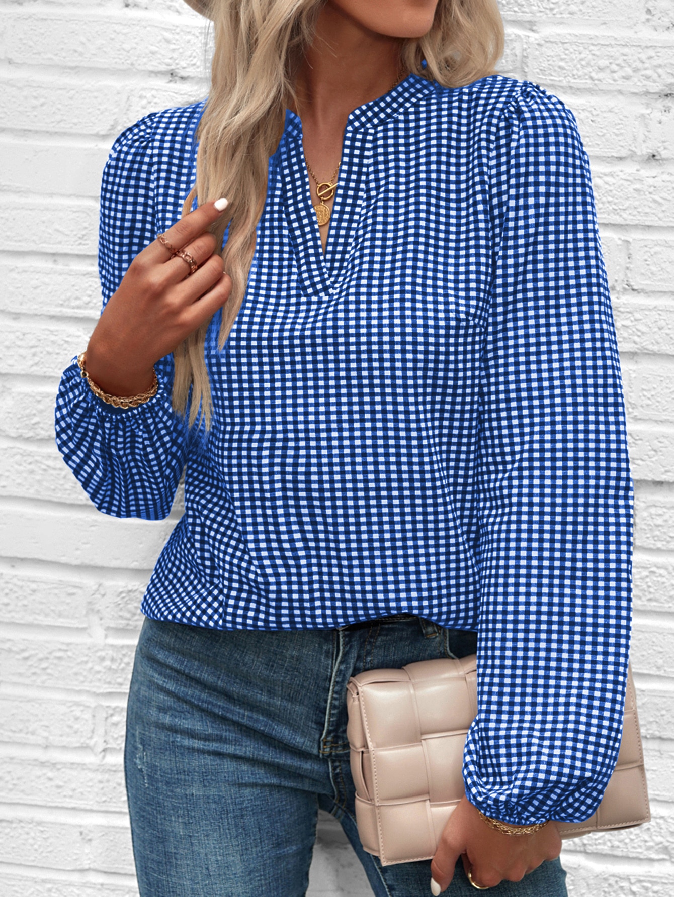 Shein Lune Gingham Notched Neck Bishop Sleeve Blouse For Sale Australia