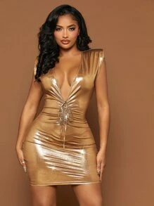 SHEIN SXY Plunging Neck Shoulder Pad PU Leather Bodycon Dress | SHEIN USA