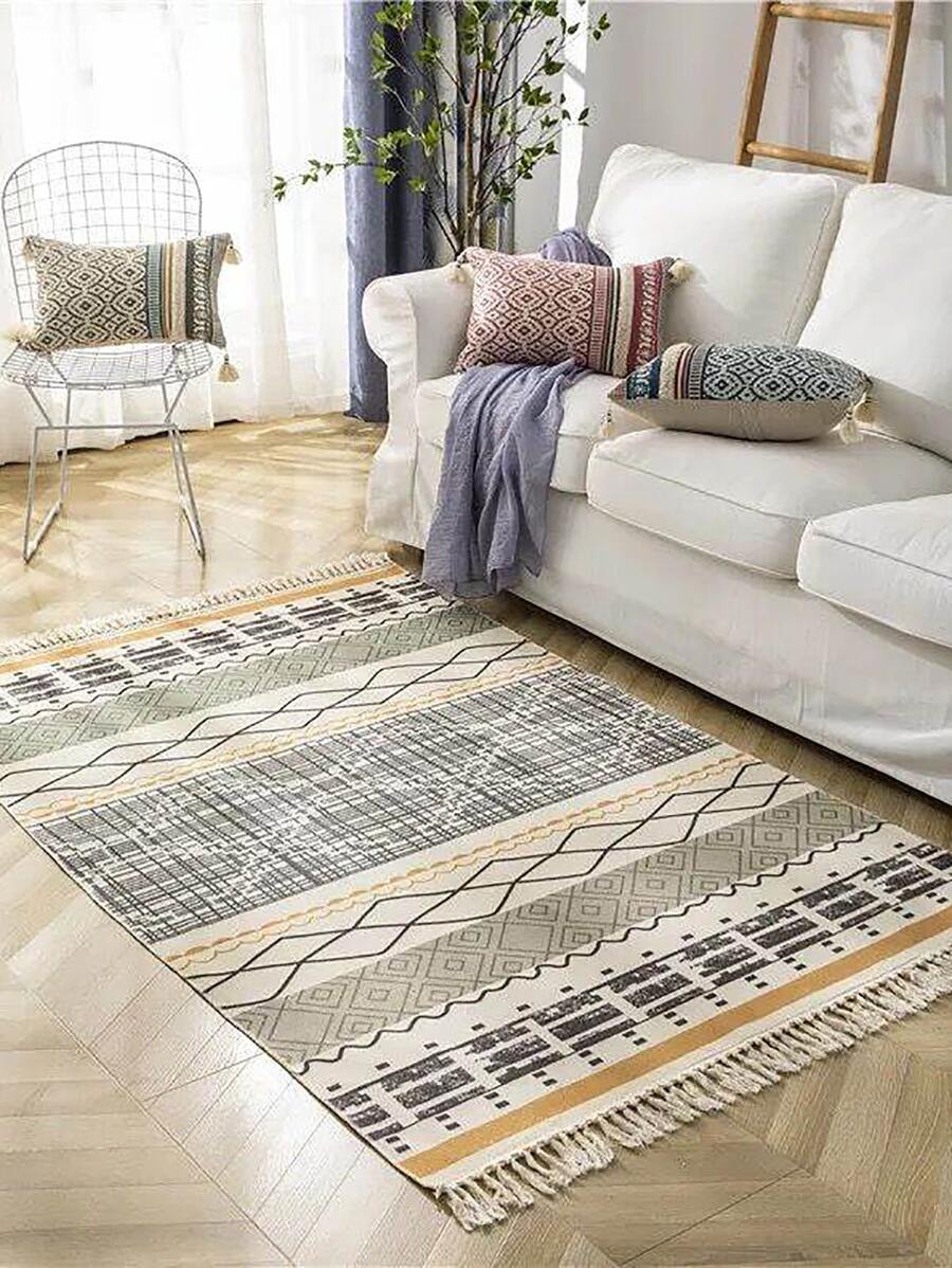 Geometric Pattern Fringe Trim Rug | SHEIN EUR